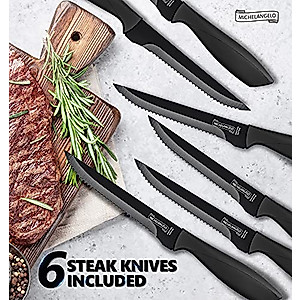 MICHELANGELO Kitchen Knife Set with Block, Sharp Black Knife Set for Kitchen, 16 Piece Stainless Steel Cooking Knife Set with Sharpener, Includes Steak Knives Set, Chef Santoku Knives, Black