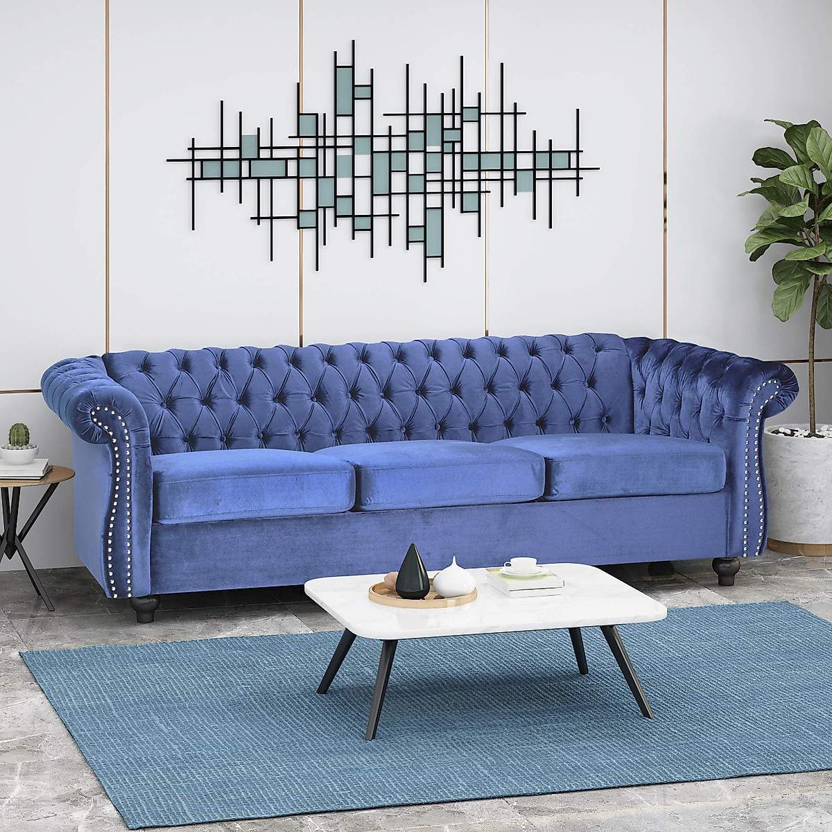 Page Tufted Chesterfield Velvet 3 Seater Sofa, Midnight Blue and Dark Brown