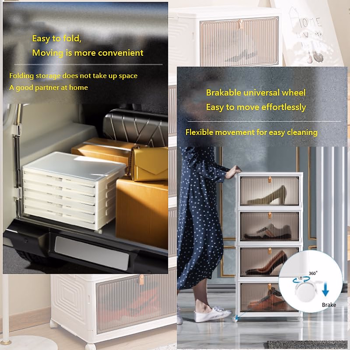 White 5 Tier Plastic Storage Bins Organizer with Lids and Wheels, 17.13 × 12.4 × 45.47 Inch Stackable Bins for Storage, 46Qt Folding Storage Boxes for Home, Dorm Room, 5th storage box (Five layers)