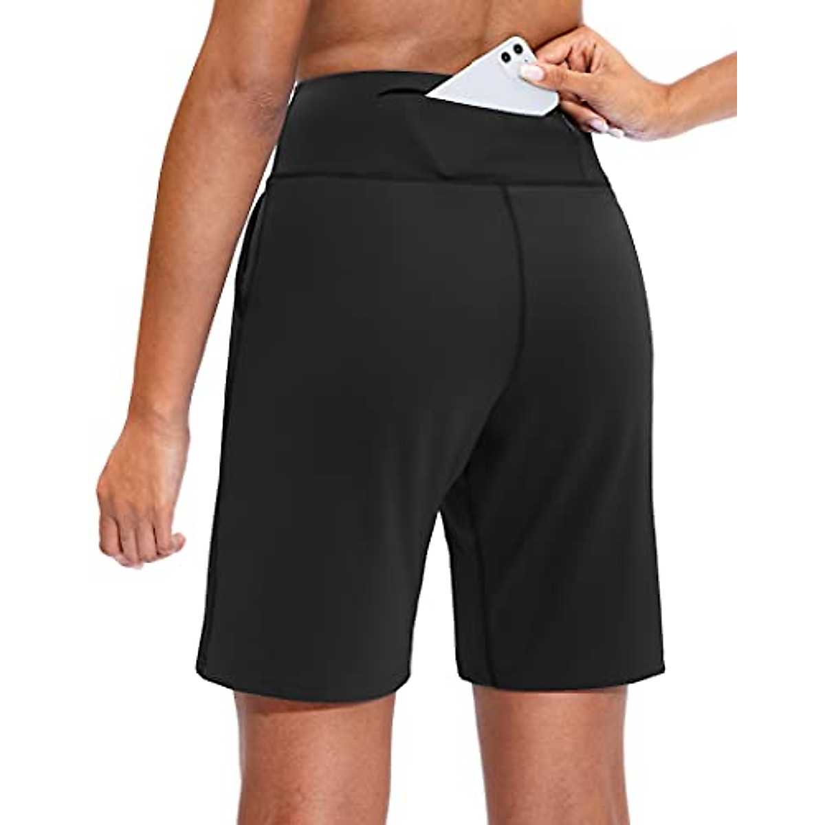 SANTINY Bermuda Shorts for Women with Zipper Pocket Womens High Waisted Long Shorts for Running Workout Athletic(Black_L)