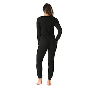 6363-BLK-L #FollowMe Women's Solid Thermal Henley Onesie, Black, Large