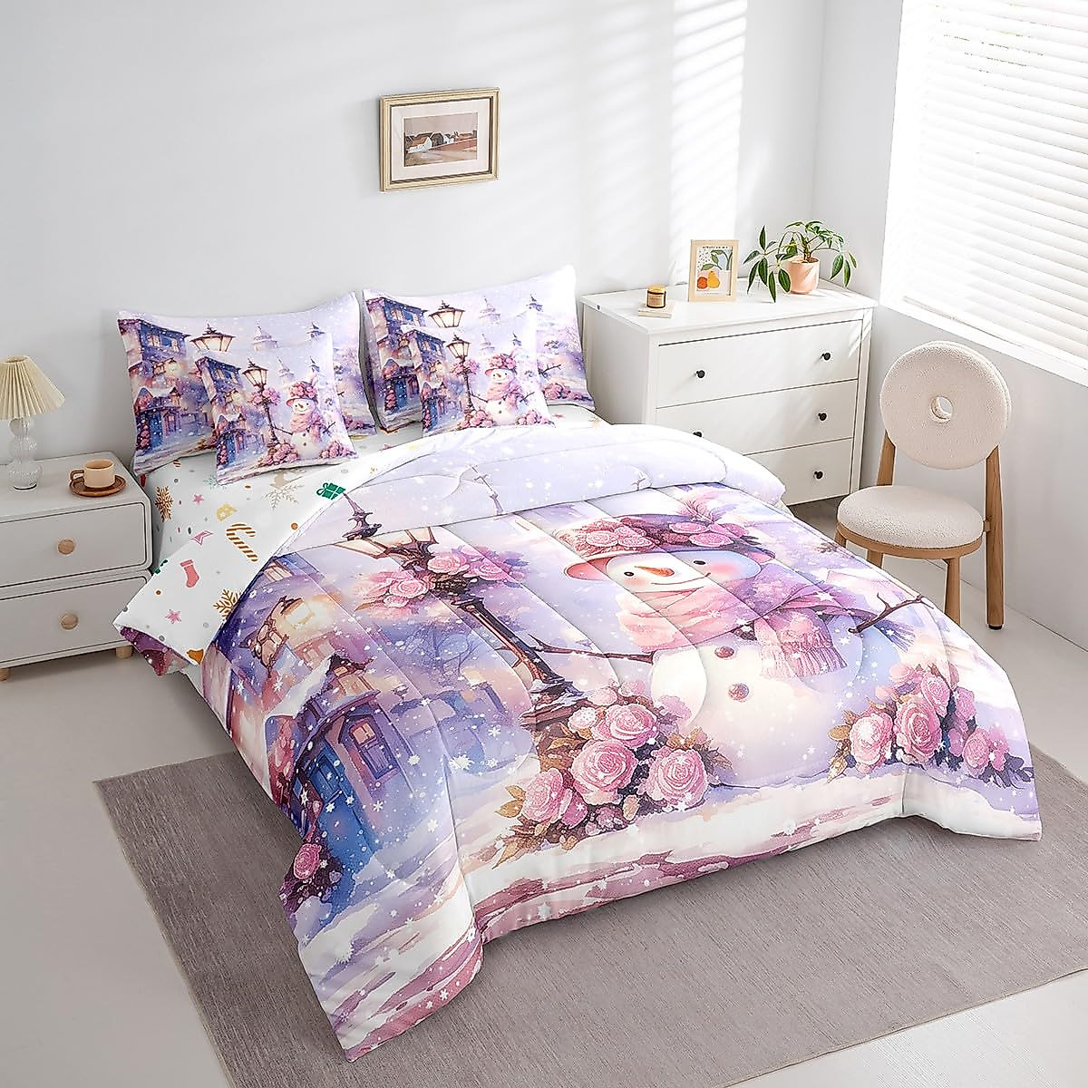 Feelyou Kids Christmas Bed in A Bag Queen Size, Snowman 7 Pieces Bedding Set Boys Girls Snowflake Comforter Set with Sheets Rose Floral Flower Teens Bed Set Bedroom Decor 7Pcs