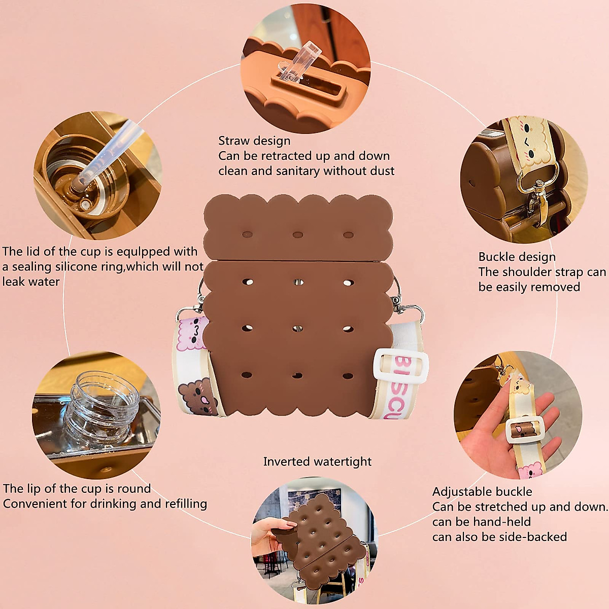 JGMLZK Cute Water Bottles with Straws, Creative Kawaii Biscuit Shaped Plastic Leakproof Juice Drinking Cup with Adjustable Shoulder Strap for School Outdoor Camping Sports BPA free(Coffee color)