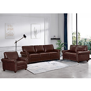 3 Piece Faux Leather Sofa Set,Mid Century Modern Couch and Loveseat Sets with Storage,Comfy Deep Seat Sofa with Nailhead Trim & Rolled Arm for Living Room,Office(Armchair+Loveseat+3 Seater,Burgundy)
