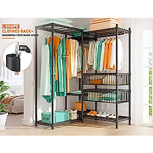 Raybee 77" H Clothes Rack Heavy Duty Clothing Racks for Hanging Clothes with Basket Drawers Load 850 LBS 75" Wide Large Clothes Rack with Shelves Adjustable Wire Garment Rack Free Standing Closet