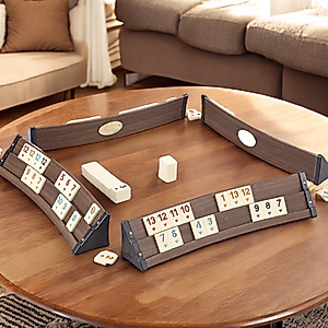 LaModaHome Premium Curved Rummy, Okey, 101 Game Set, Portable Bag, Unscratchable Tiles and Racks, Outdoor and Indoor Game for Family & Friends, Classic Travel Tabletop Fun - Brown