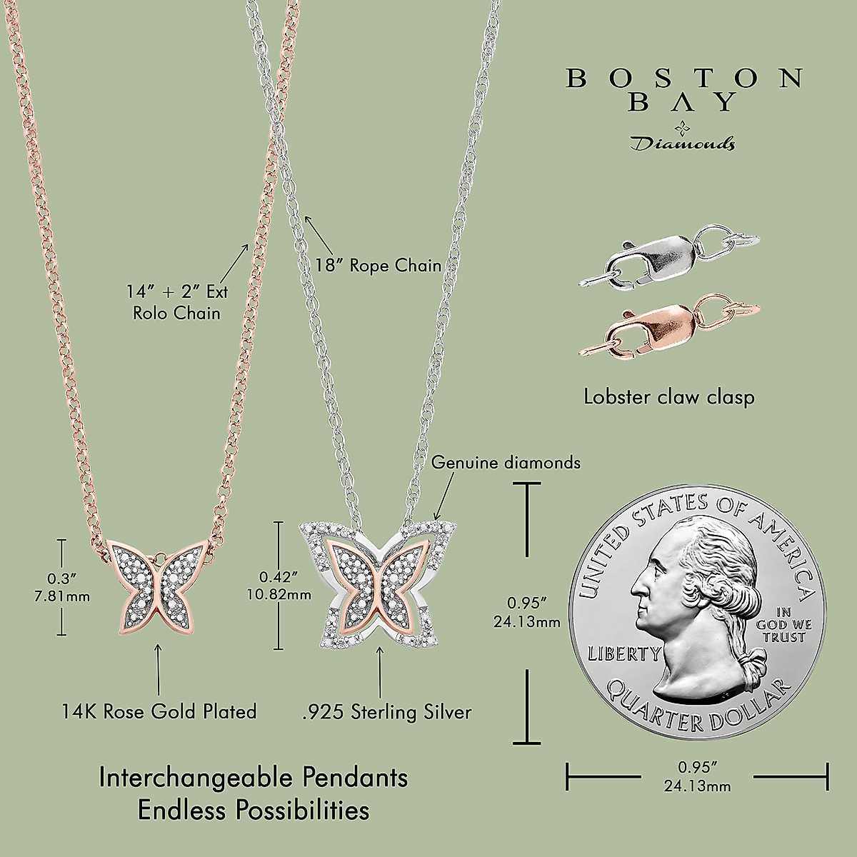 Boston Bay Diamonds 14K Rose Gold Plated & .925 Sterling Silver Diamond Accent Mother & Daughter, Best Friends or Sisters Interlocking Butterfly Necklaces (G-H, I2-I3) - 18" & 14"+2"