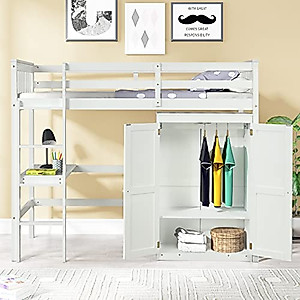 BIADNBZ Wooden Loft Bed with Desk and Wardrobe, Twin Size Loftbed Frame with Storage Closet&Bulid-in Ladder, for Kids Teens Bedroom, White