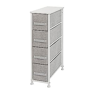 Flash Furniture 4 Drawer Slim Wood Top White Cast Iron Frame Dresser Storage Tower with Light Gray Easy Pull Fabric Drawers