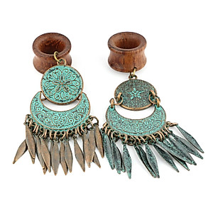 Balala 7/8" 22mm Verdigris Antique Brass Wood Dangle Ear Gauges Piercing Flesh Tunnels Plugs Statement Earrings