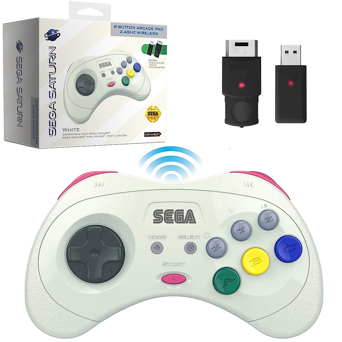 Retro-Bit Official Sega Saturn 2.4 GHz Wireless Controller for Sega Saturn, Sega Genesis Mini, Switch, PS3, PC, Mac - Includes 2 Receivers & Storage Case (White)