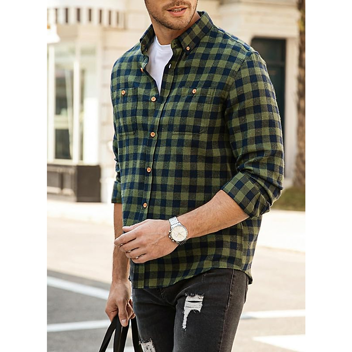 JMIERR Mens Flannel Shirts Casual Button Down Long Sleeve Cotton Plaid Business Dress Shirt with Pockets,US 46 (XL),Green