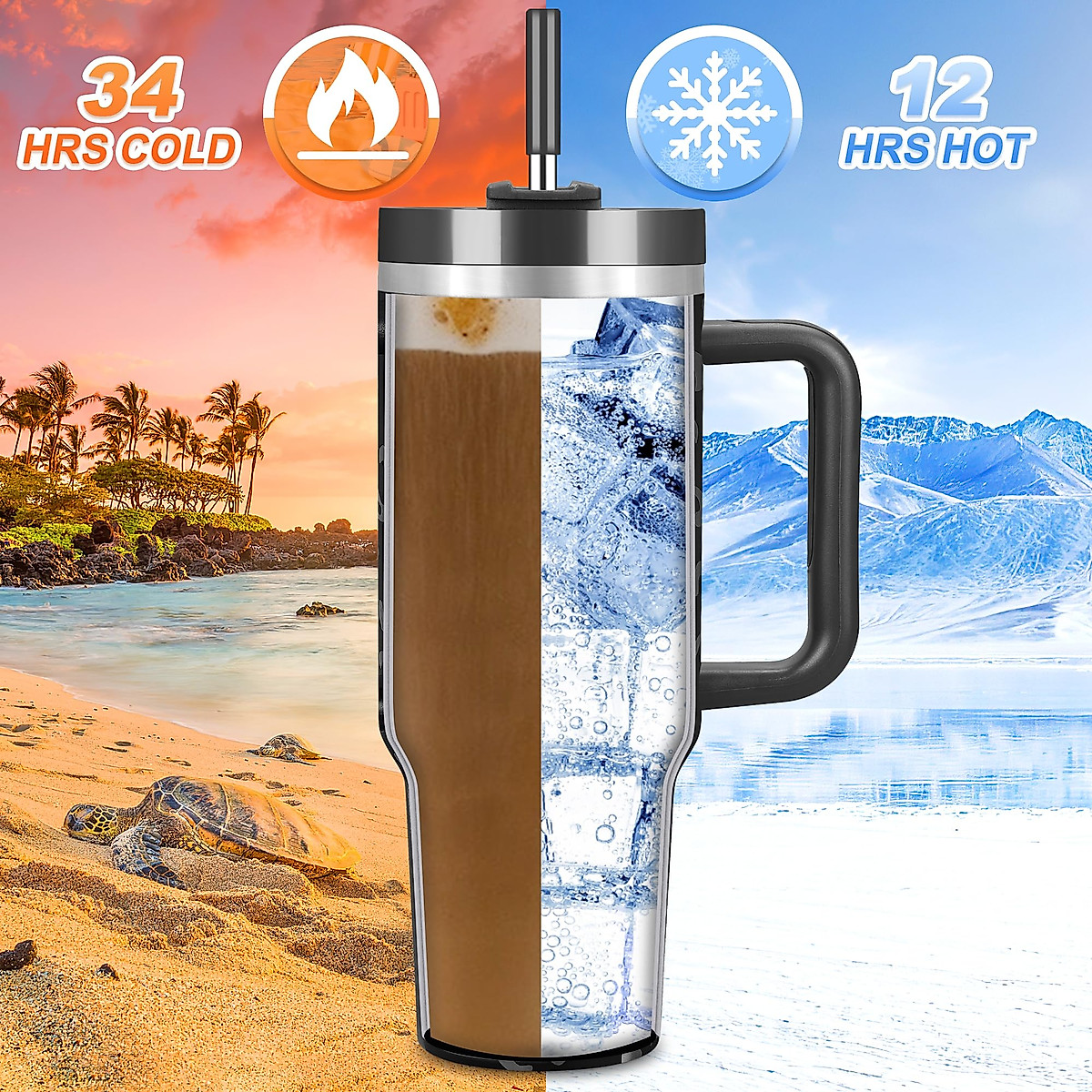 40 oz Tumbler with Handle and Straw, 2 Lids (2 in 1 & LeakProof Lid) - Vacuum Insulated Stainless Steel Double Wall Water Bottle Travel Mug - Holiday Gifts for Women Men - Black Leopard
