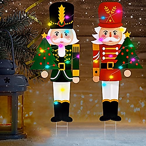 2 Pcs LED Lights Nutcracker Christmas Outdoor Yard Stake Sign Nutcracker Yard Stakes Large Nutcracker Winter Decorations Soldier Decorative Garden Stakes for Xmas Holiday Lawn Garden, 30 Inch