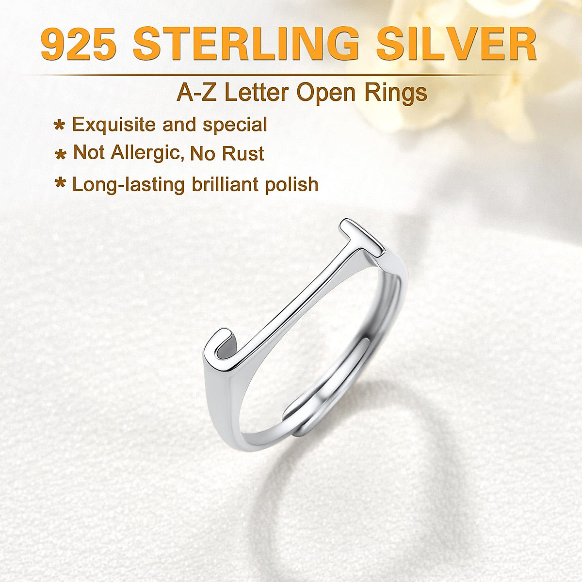 SILVERCUTE J Initial Ring Womens Cocktail Letter Ring S925 Stamped Adjustable Band Sterling Silver Sideways Initial Rings Stackable