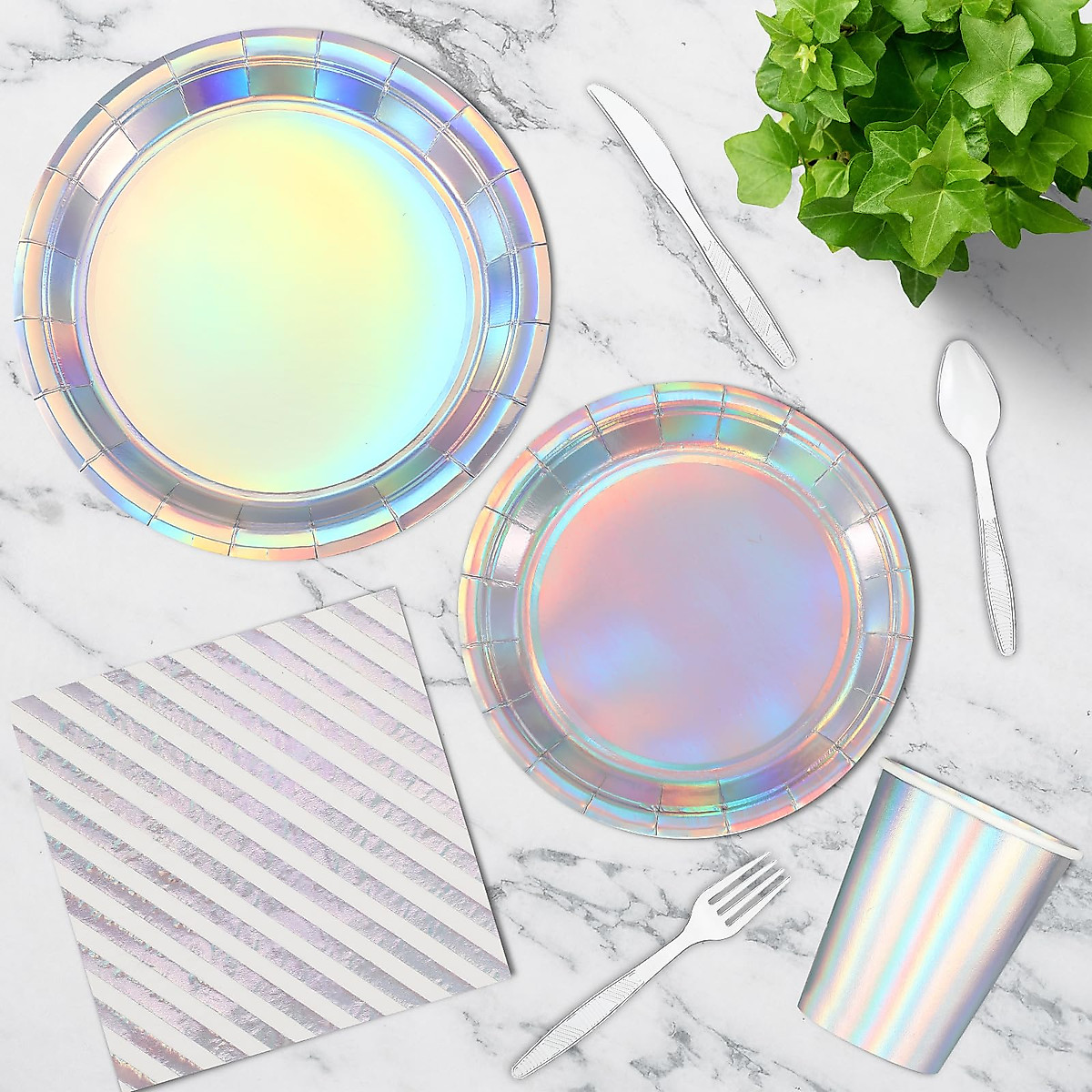 168 Pcs Iridescent Laser Birthday Party Tableware Set, Shiny Iridescent Dessert Plates Cups Sparkle Holographic Foil Napkins for 24 Guest Disco Bridal Wedding Christmas Iridescent Party Decoration