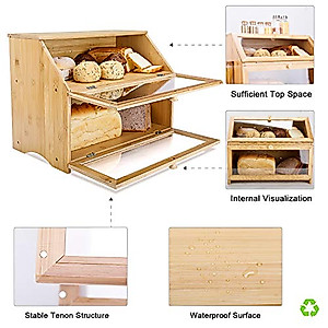 HOMEKOKO Double Layer Large Bread Box for Kitchen Counter, Wooden Large Capacity Bread Storage Bin (Natural Bamboo)