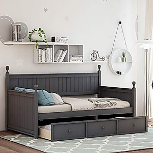 Harper & Bright Designs Twin Size Daybed with Drawers, Wood Daybed with Storage, Dual-use Twin Bed Sofa Bed for Living Room,Guest Room,Kids Room, No Box Spring Needed, Grey