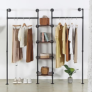EDCB Wall Mounted Industrial Pipe Heavy Duty Clothes Rack, Clothing Rods for Hanging Clothes, Freestanding Clothing Rack with 2 Hang Rods & 4 Shelves, 72.8" W x 17.7" D x 71" H