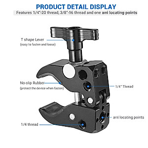 SMALLRIG Super Clamp with 1/4拻 Thread Holes, 3/8拻 Locating Pin for ARRI Standard, T-Shaped Wingnut and Rubber Pads