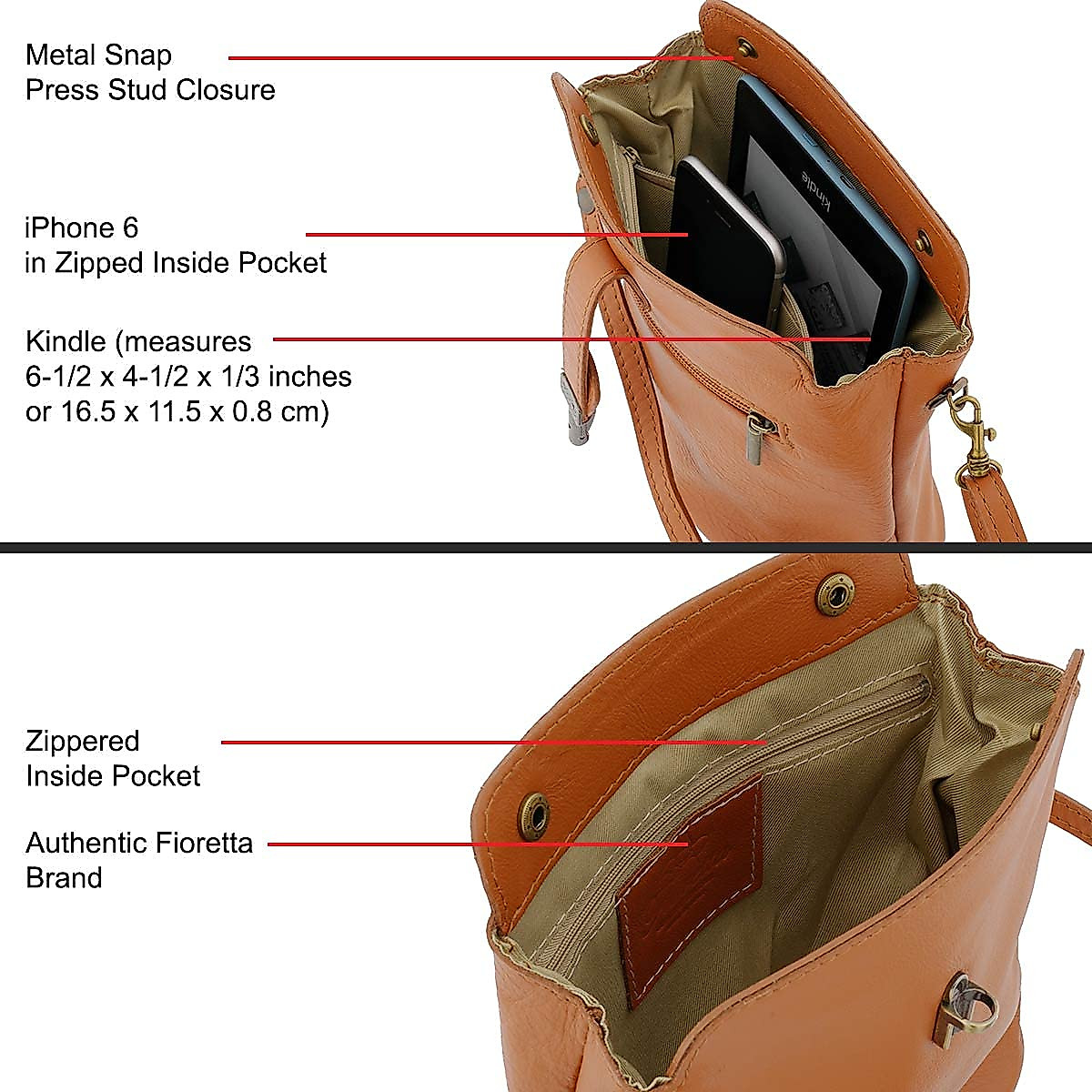 Fioretta Italian Genuine Leather Crossbody Bag Shoulder Bag Purse Snap Closure For Women - Tan Brown