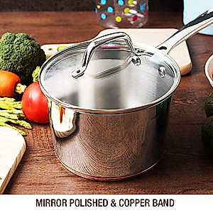 HOMI CHEF Mirror Polished NICKEL FREE Copper Band Stainless Steel 2.5 QT Sauce Pan with Glass Lid (No Toxic Non Stick Coating, 7 Inch) - Cookware Set - Cookware Pots And Pans Sets