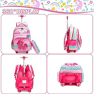 Meetbelify Cute Unicorn Rolling Backpack for Girls Backpacks with Wheels for Elementary Kids Pink Suitcase Set Travel Laptop Luggage for Girls Age 6-8