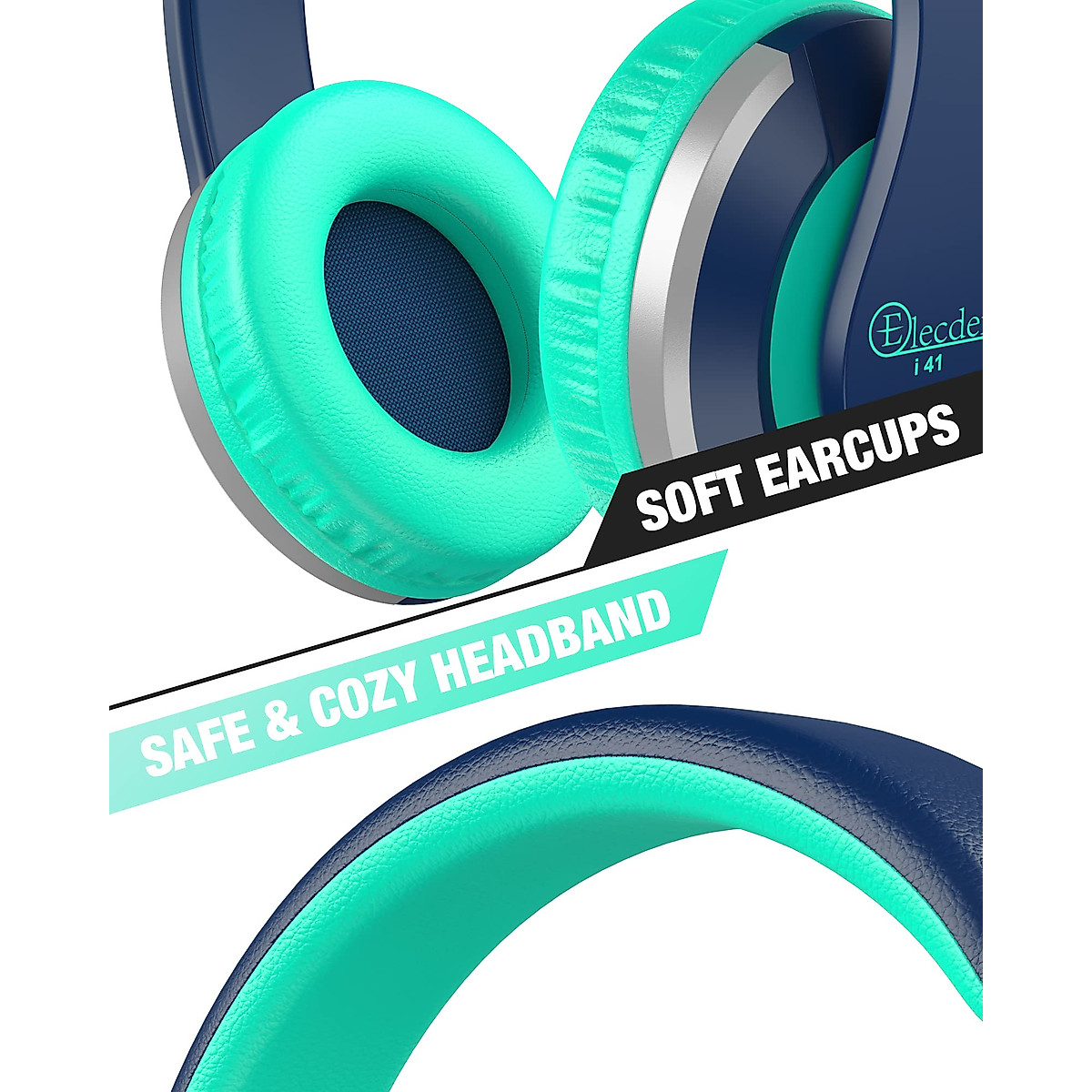 ELECDER Kids Headphones i41 Headphones for Kids Children Girls Boys Teens Foldable Adjustable On Ear Headphones with 3.5mm Jack for Cellphones Computer Kindle School Blue&Teal