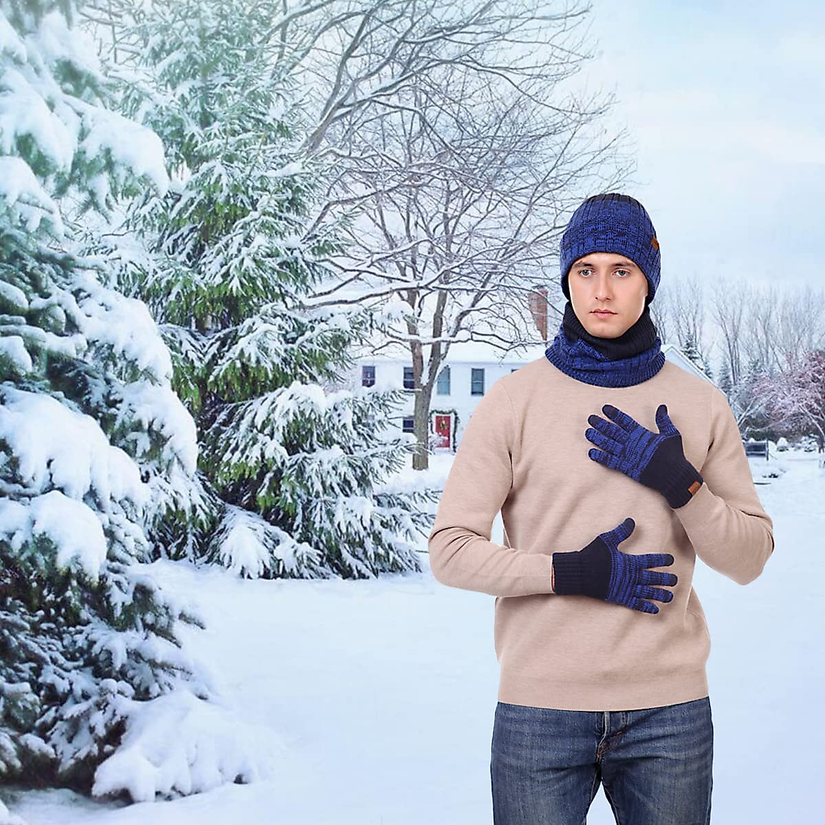 JTJFIT Winter Knit Beanie Hat Scarf and Touchscreen Glove Set Neck Warmer with Knit Fleece Lined for Men and Women (Navy-blue)