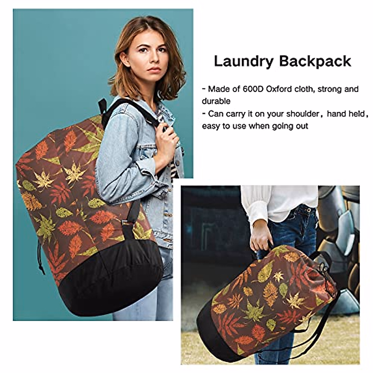 Autumn Fall Leaves Thanksgiving Laundry Bag Heavy Duty Laundry Backpack with Shoulder Straps Handles Travel Laundry bag Drawstring Closure Dirty Clothes Organizer For Home Apartment College Travel
