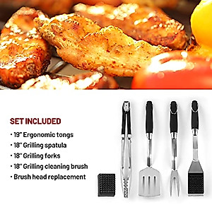 MAGIC FLAME 18'' BBQ Grill Accessories, Heavy Duty 5 Pcs Grilling Tools, Extra Thick Stainless Steel Grill Utensils Set Gift with Spatula Fork Cleaning Brush Tong BBQ Set for Outdoor Camping Grilling