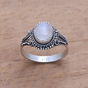 NOVICA Artisan Handmade Rainbow Moonstone Singlestone Ring from Bali .925 Sterling Silver Indonesia Gemstone 'Princess Gem'