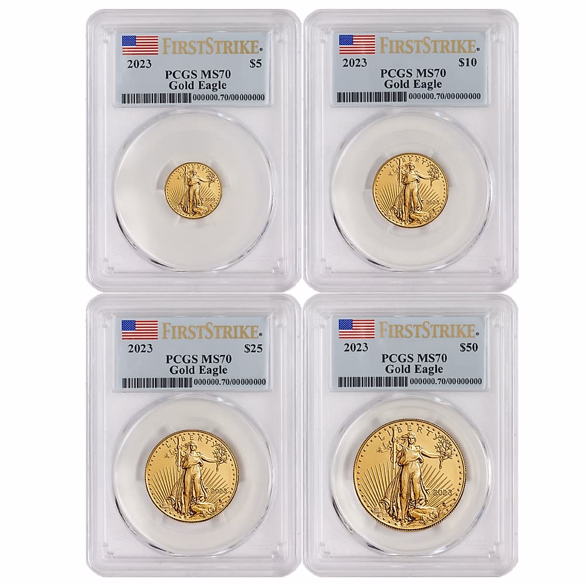 2023 Set of (4) American Gold Eagle Coins MS-70 (First Strike - Flag Label) $50, 25, 10, 5 PCGS MS70