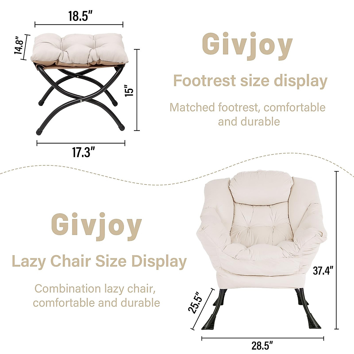 Givjoy Lazy Chair and Ottoman, Large Accent Lounge Chair with Armrests and a Side Pocket, Modern Leisure Upholstered Sofa Reading Armchair with Footrest for Bedroom, Living Room, Dorm Rooms, Office