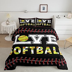 Softball Lovers Kids Comforter Set Queen Size,Ball Sports Games Competition Bedding Set,Girls Boys Adults Bedroom Decor,Modern Fashion Down Comforter,Red Black Bright Duvet Insert,2 Pillowcases