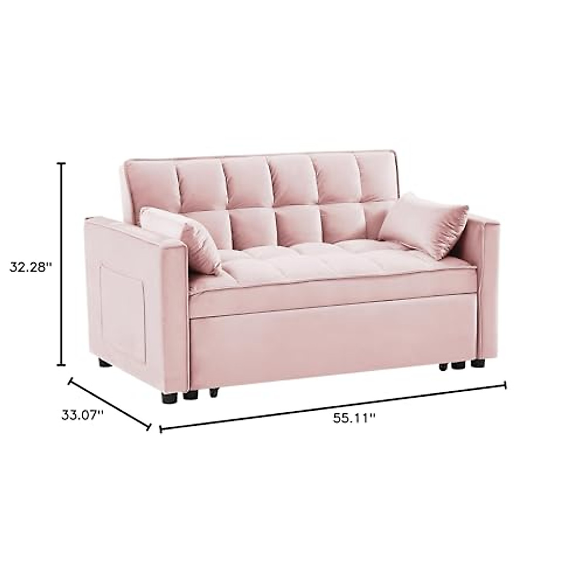 3 in 1 Convertible Sleeper Sofa Bed ,Modern Futon Loveseat Couch Pullout Bed, Velvet Upholstered Small Love Seat Lounge w/Reclining Backrest, Toss Pillows, Pockets, Furniture for Living Room Office