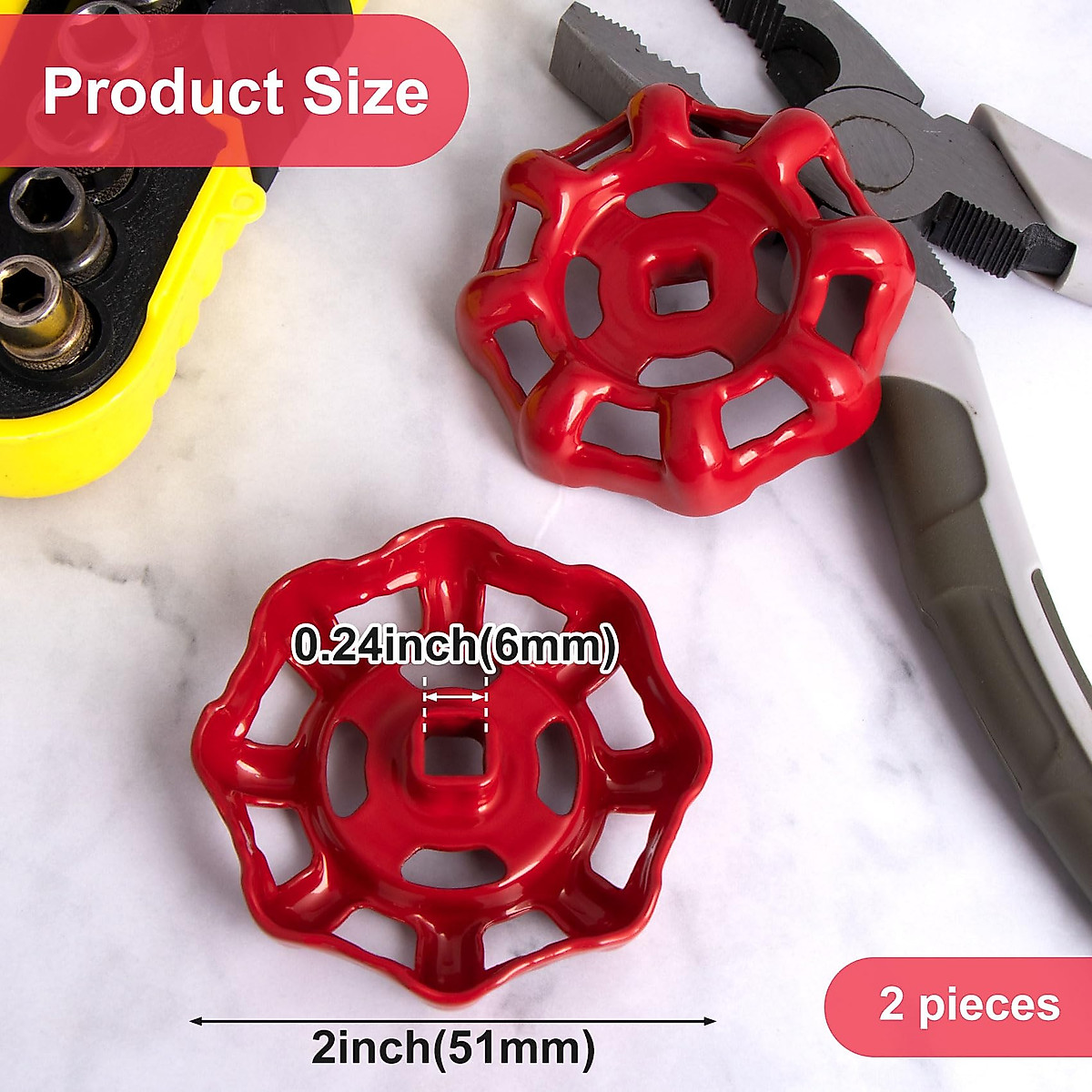 Pndeyo 2pcs Outdoor Faucet Handle, 6x6mm Round Wheel Hose Bib Handle, Rustproof Water Spigot Handle Outside Water Valve Faucet Handle Replacement Parts- Red