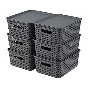 Bringer Plastic Storage Baskets Bins with Lid, Small Storage Organizer Bin, 6 Pack, Gray