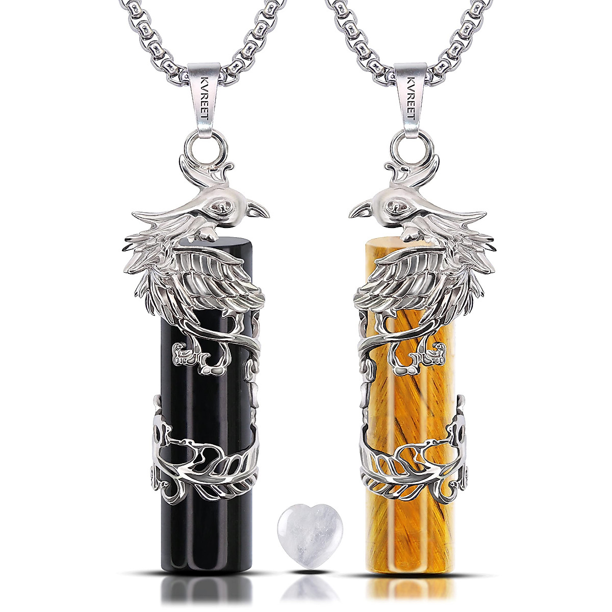 KVREET Obsidian Tiger Eye Double Phoenix Matching Necklace Plus Natural Peach Heart Quartz Set Best Friend Sister Couple Yin Yang Pendant Necklace Gift (Obsidian & Tiger Eye)