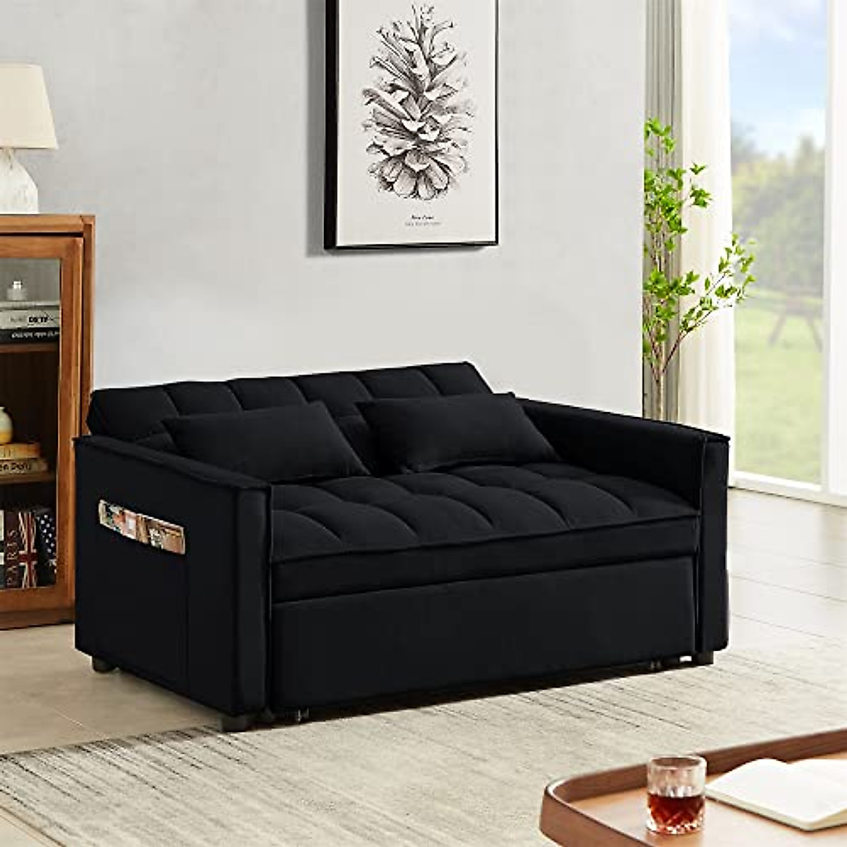 Holaki Convertible Velvet Sleeper Sofa Bed, 55.2" Velvet Loveseat Sofa Modern Pull Out Sofa Bed Lounge Chaise Armchair with Adjustable Backrest,2 Lumbar Pillows,Small Couch for Home Office(Black)