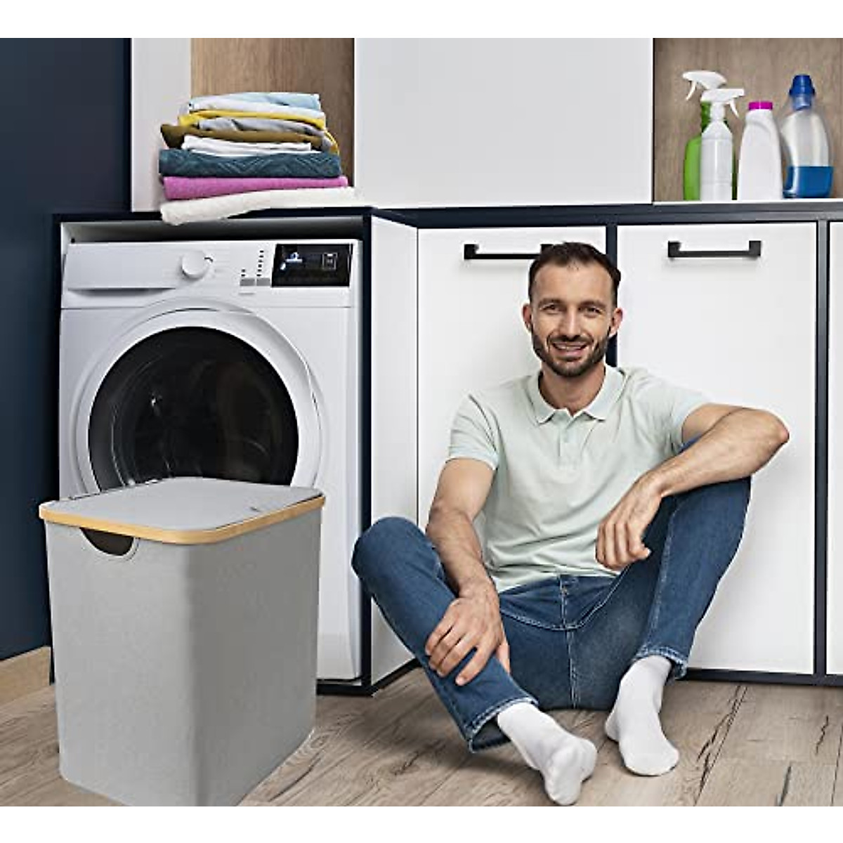 60L Capacity Bamboo Laundry Basket with Lid & Handle, Foldable Laundry Basket, Hamper