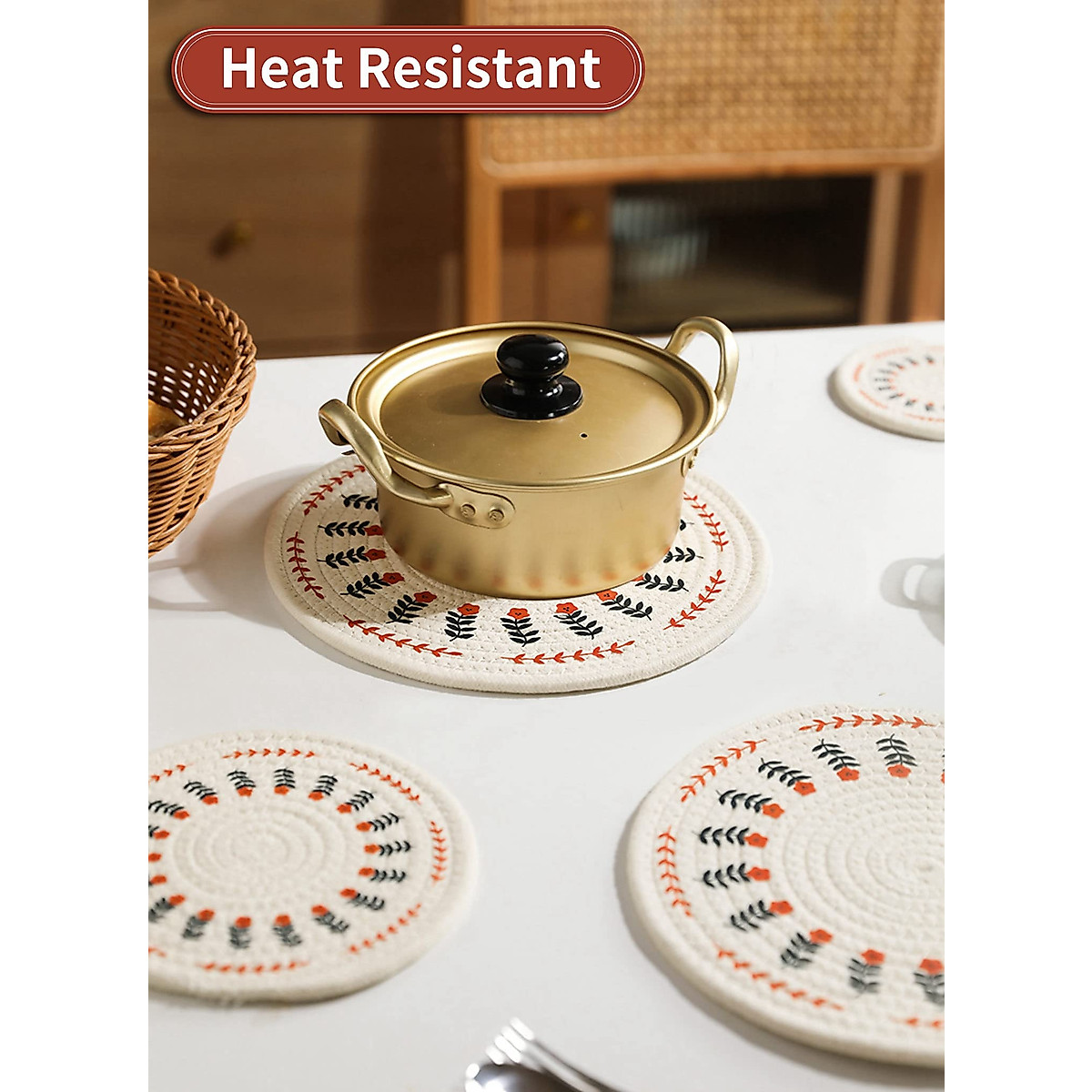 YONOVO Thanksgiving 9.5" Cotton Trivets Set, 3Pcs Pot Holders Woven Large Hot Pads Mats Thick Heat Resistant for Hot Pots and Pans Round Hot Plate Holder Washable Potholders Kitchen Farmhouse