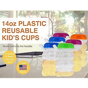 Arrow Home Products Sip-A-Mug, 14oz, 6pk - Easy to Grip Plastic Kid's Cup Where the Handle is the Straw - BPA-free with Screw-On Caps Great for Everyday Use, Made in the USA - Clear with Color Lids