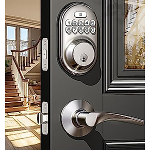 Veise Keyless Entry Door Lock with 2 Lever Handles - Electronic Keypad Deadbolt, Auto Lock, Back Lit & Easy Installation Design, Front Door Handle Sets, Satin Nickel
