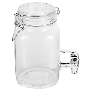 Tofficu 1L Tea Mason Jar Glass Beverage Dispenser with Locking Lid and Spigot Ice Cylinder and Fruit Infuser Juice Container for Water Juice Beer Wine Liquor