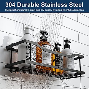 WEYEEN Shower Caddy Bathroom Shelf, No Drilling Adhesive Bathroom Storage Organizer with 4 Hooks, Rustproof Stainless Steel Shower Shelf for Inside Shower & Kitchen Storage , 2 Pack (Black)
