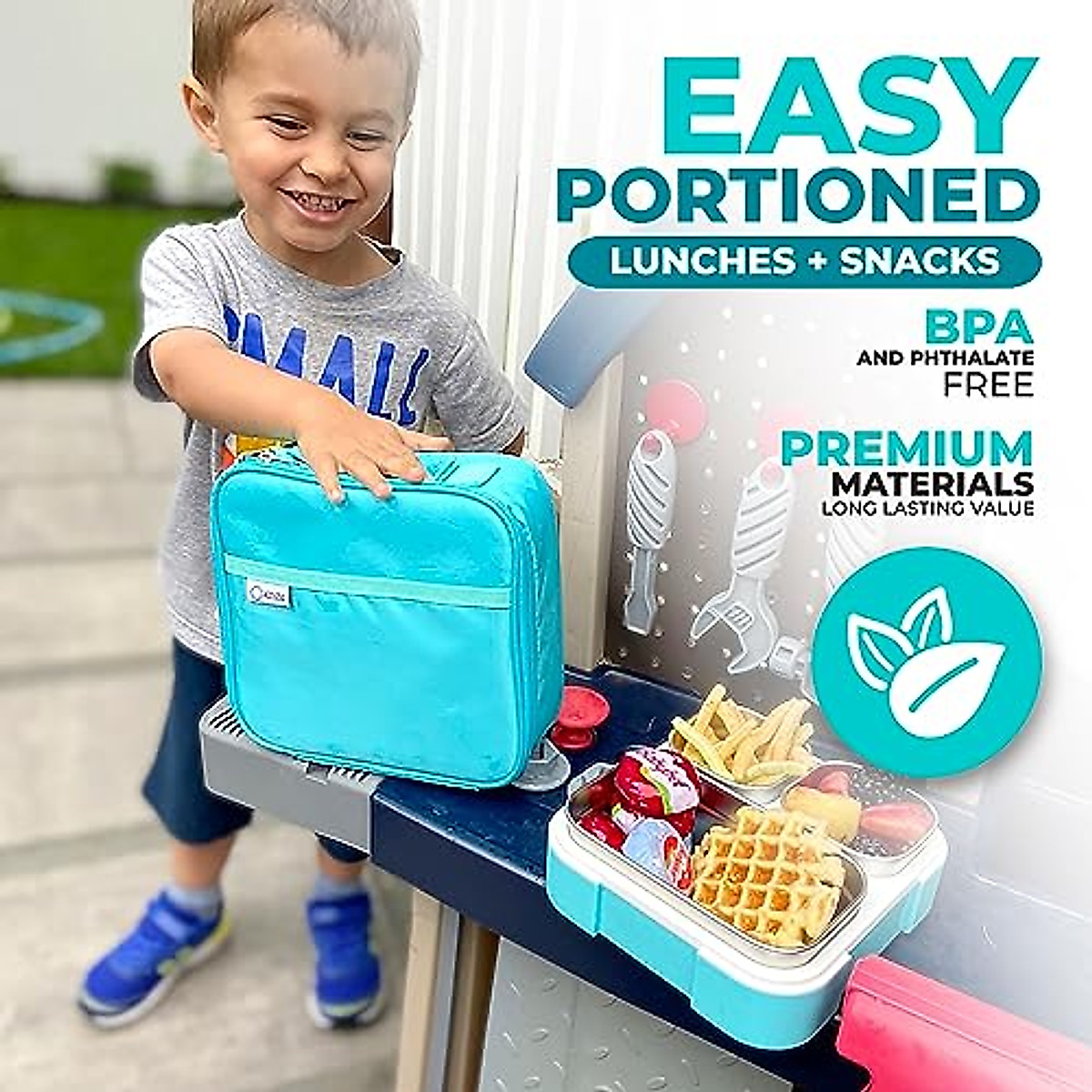 Stainless Steel Lunch Box for Kids Toddler Bento-Box Lunch-Box for Daycare, 3 Compartment Portion Control Containers with Tray for Lunches Snacks - School Travel, 24 oz Teal Blue with Bag Utensil