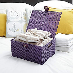 ARPAN Large Resin Woven Storage Basket Box with Lid & Lock, Purple