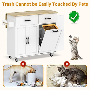 Osfvolr Rolling Kitchen Island with Trash Storage Cabinet, 2 Drawers, Kitchen Island with Drop Leaf, Kitchen Storage Islands Carts W/ 3 Spice Rack, Tilt Out Trash Cabinet, Island Table for Kitchen