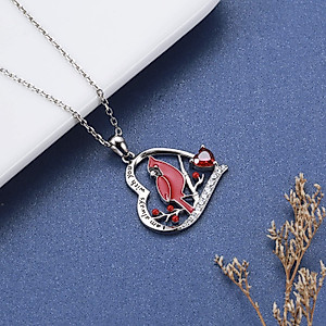 Red Cardinal Necklace 925 Sterling Silver I am Always With You Memorial Pendant Jewelry Gifts for Women (01 Red Heart Cardinal)